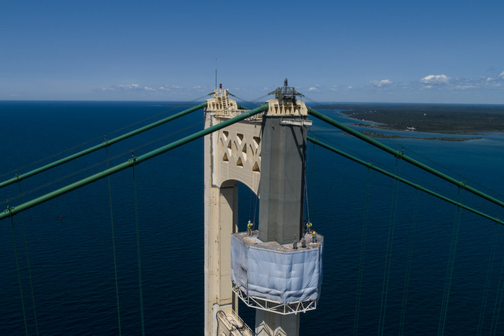 Aerial UAS Images of Mackinac Bridge, Seawaw painting operation ...